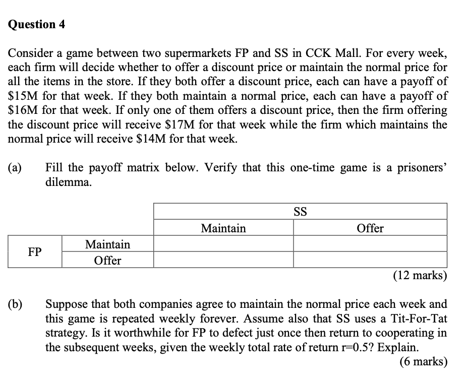Solved Consider a game between two supermarkets FP and SS in | Chegg.com