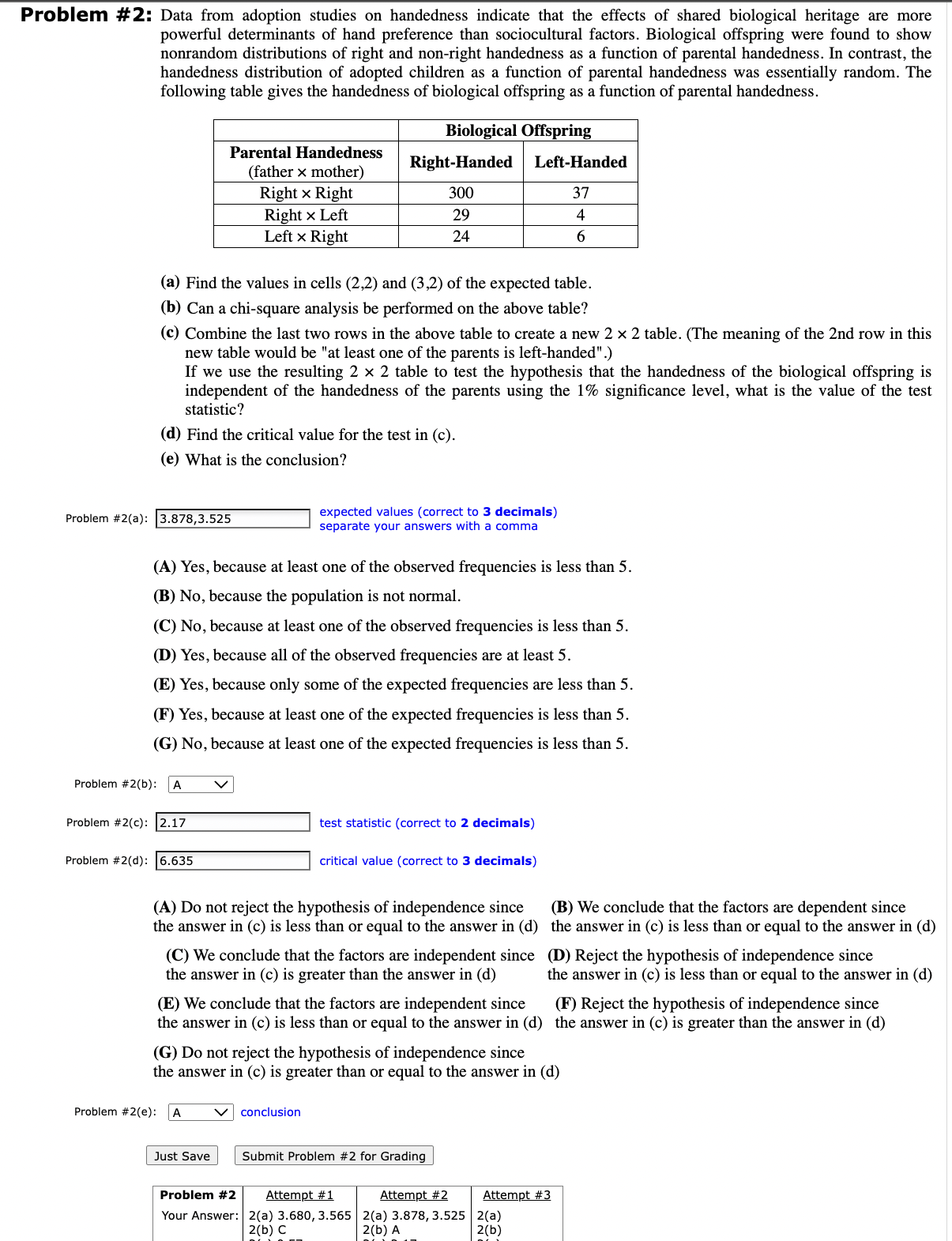 Solved blem \#2: Data from adoption studies on handedness | Chegg.com