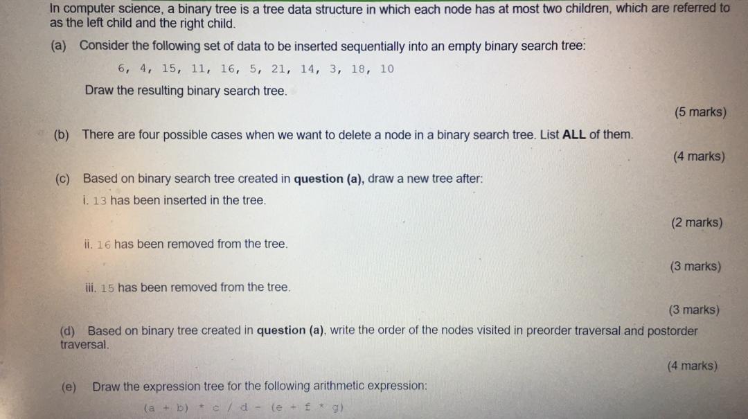 Solved In computer science, a binary tree is a tree data | Chegg.com