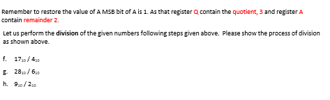 Solved Example: Let us perform Division Restoring Algorithm | Chegg.com