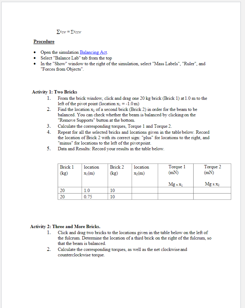 Solved TORQUE Lab's goal To balance the torque applied on a | Chegg.com