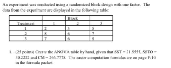 Solved An experiment was conducted using a randomized block | Chegg.com