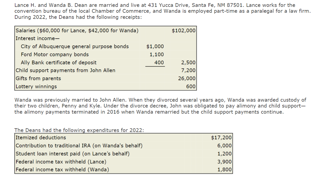 Lance H. and Wanda B. Dean are married and live at | Chegg.com