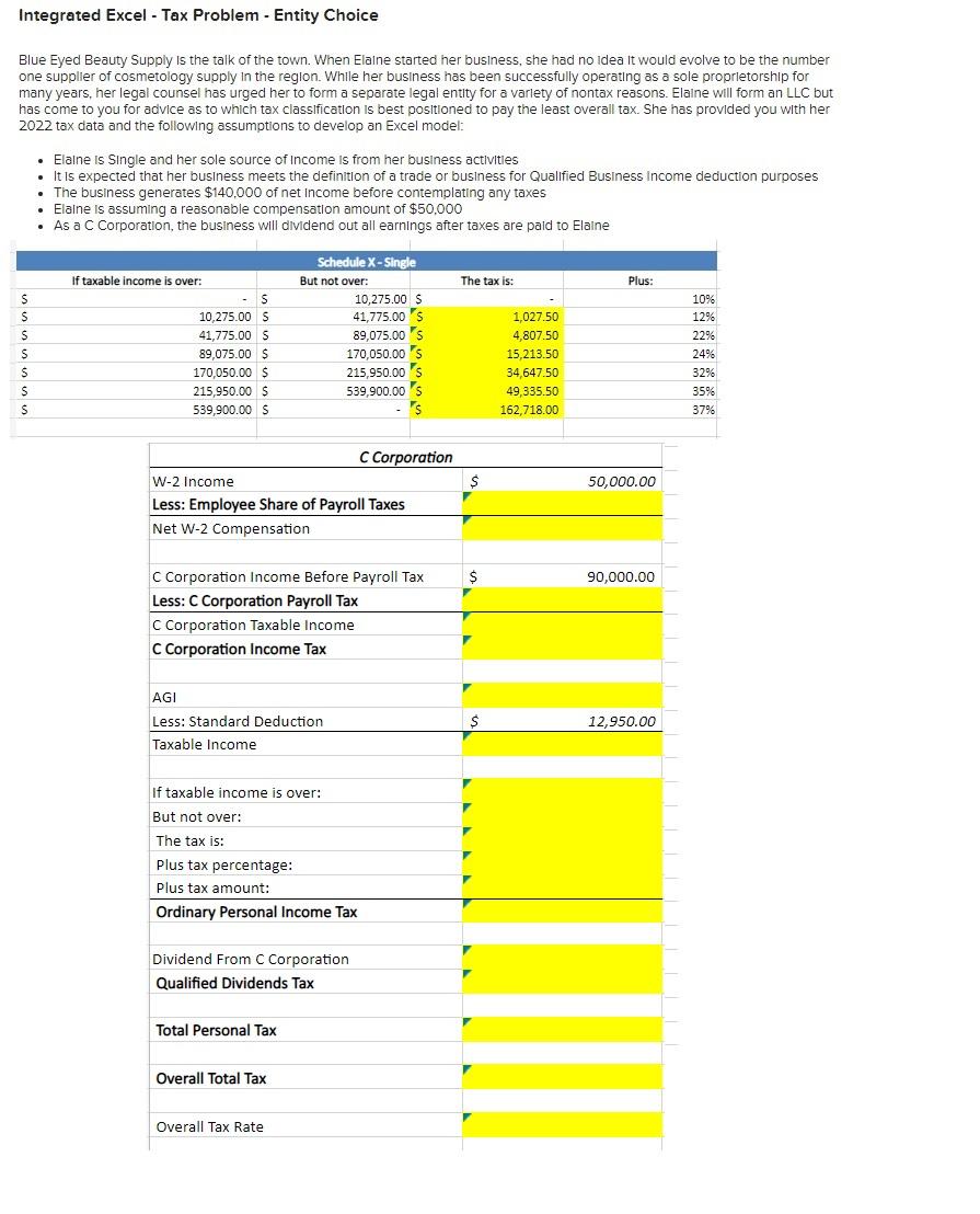 Integrated Excel - Tax Problem - Entity Choice Blue | Chegg.com