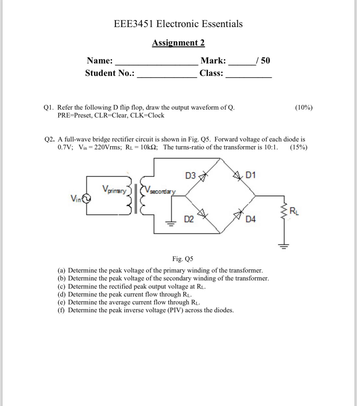 Solved EEE3451 Electronic Essentials Assignment 2 Name: | Chegg.com