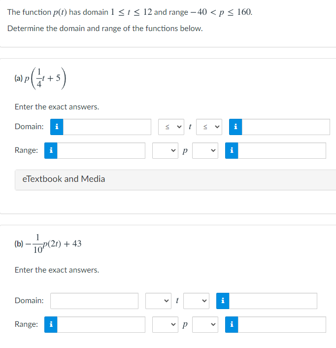 Solved The function p(t) has domain 1 Sts 12 and range - 40 | Chegg.com