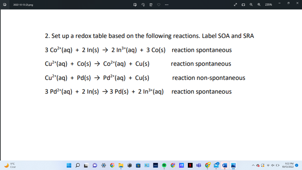 Solved Set up a redox table based on the following | Chegg.com