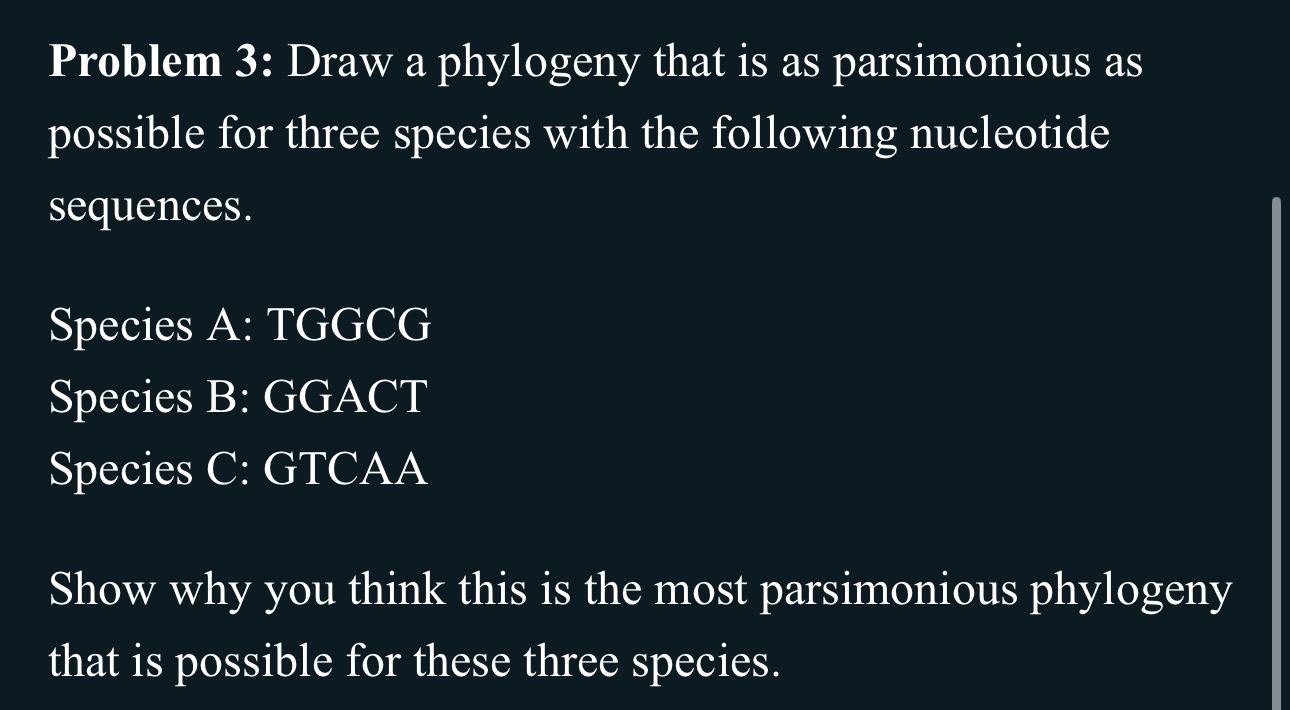 Solved Problem 3: Draw a phylogeny that is as parsimonious | Chegg.com