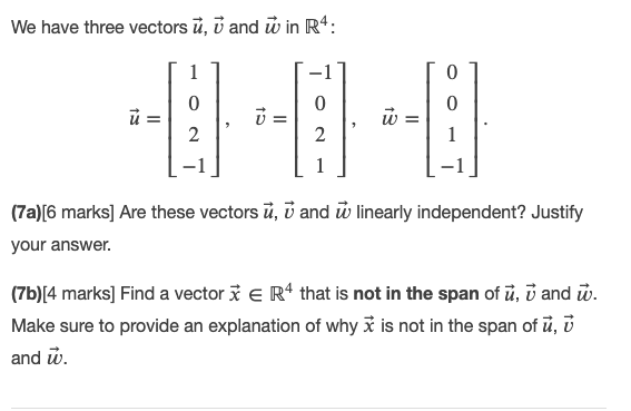 Solved We have three vectors ū, ū and ū in R4: 0 1 0 2 0 ū= | Chegg.com
