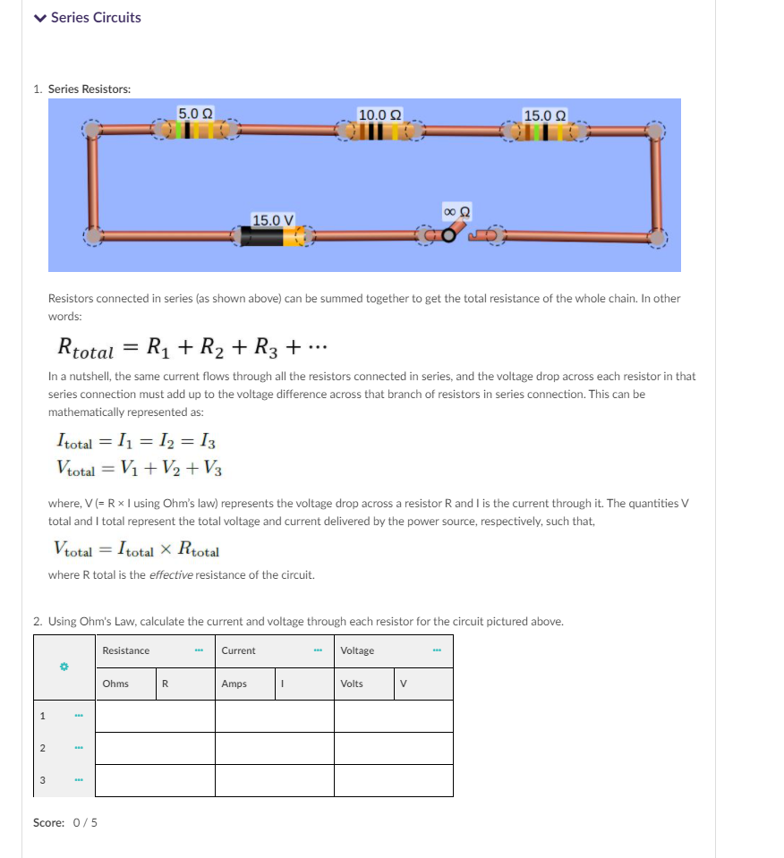 Solved Series Circuits 1. Series Resistors: 5.0Ω 10.0 Ω | Chegg.com