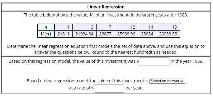 Solved The table below shows the value, V, of an investment | Chegg.com