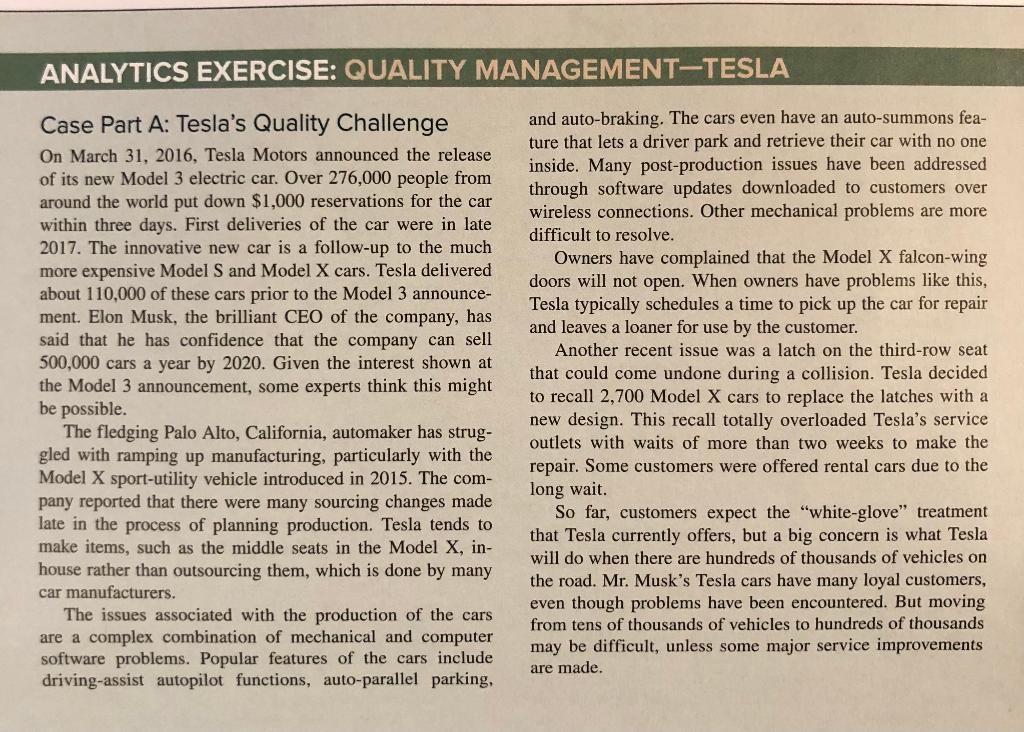 Solved Case Part A: Tesla's Quality Challenge and | Chegg.com