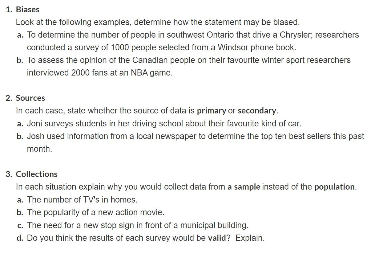 Solved 1. Biases Look at the following examples, determine | Chegg.com