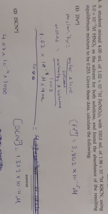 Solved 2. A student mixed 4.00 mL of 1.02 x 10-'M Fe(NO3), | Chegg.com