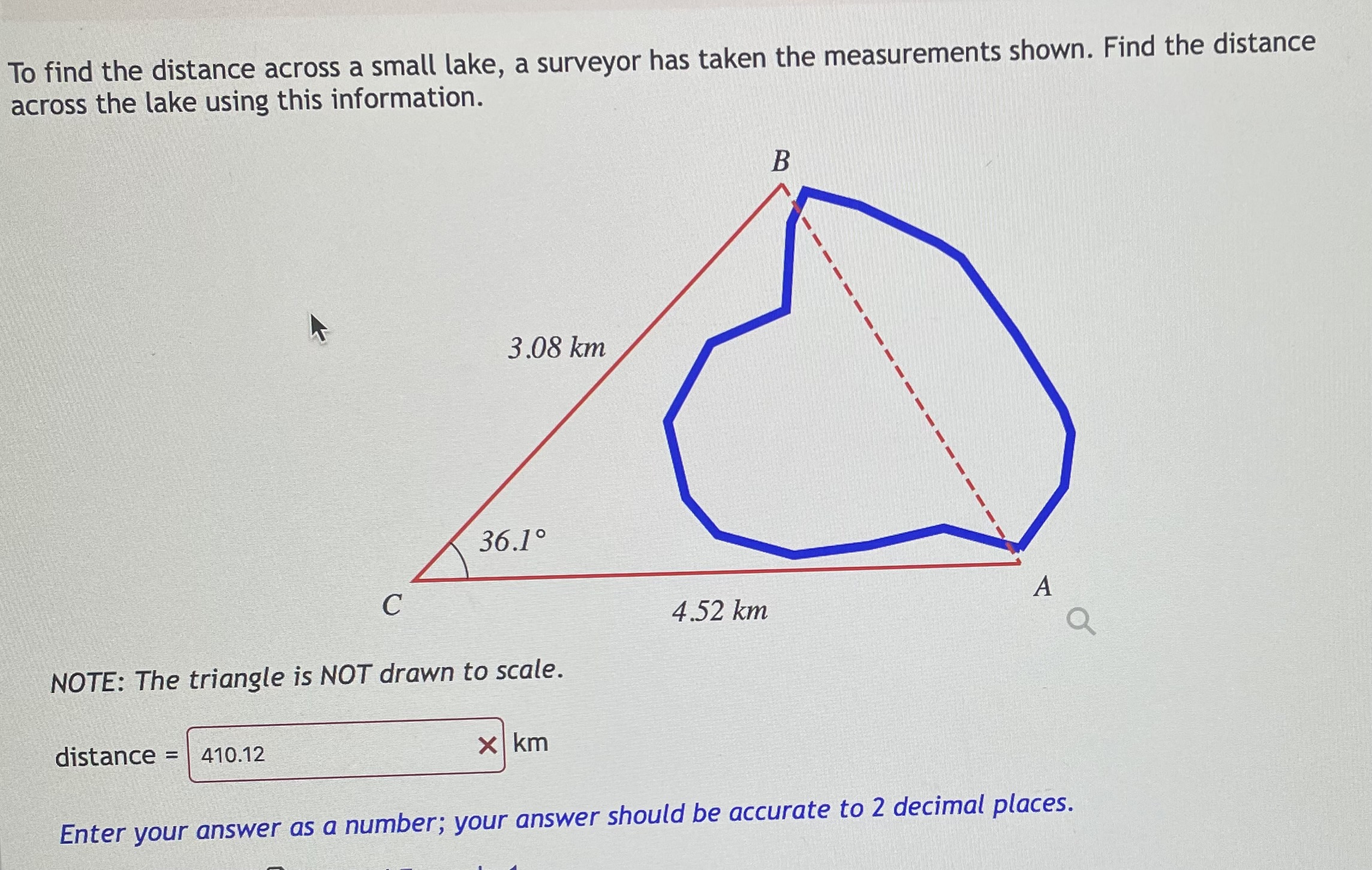 Solved To find the distance across a small lake, a surveyor | Chegg.com