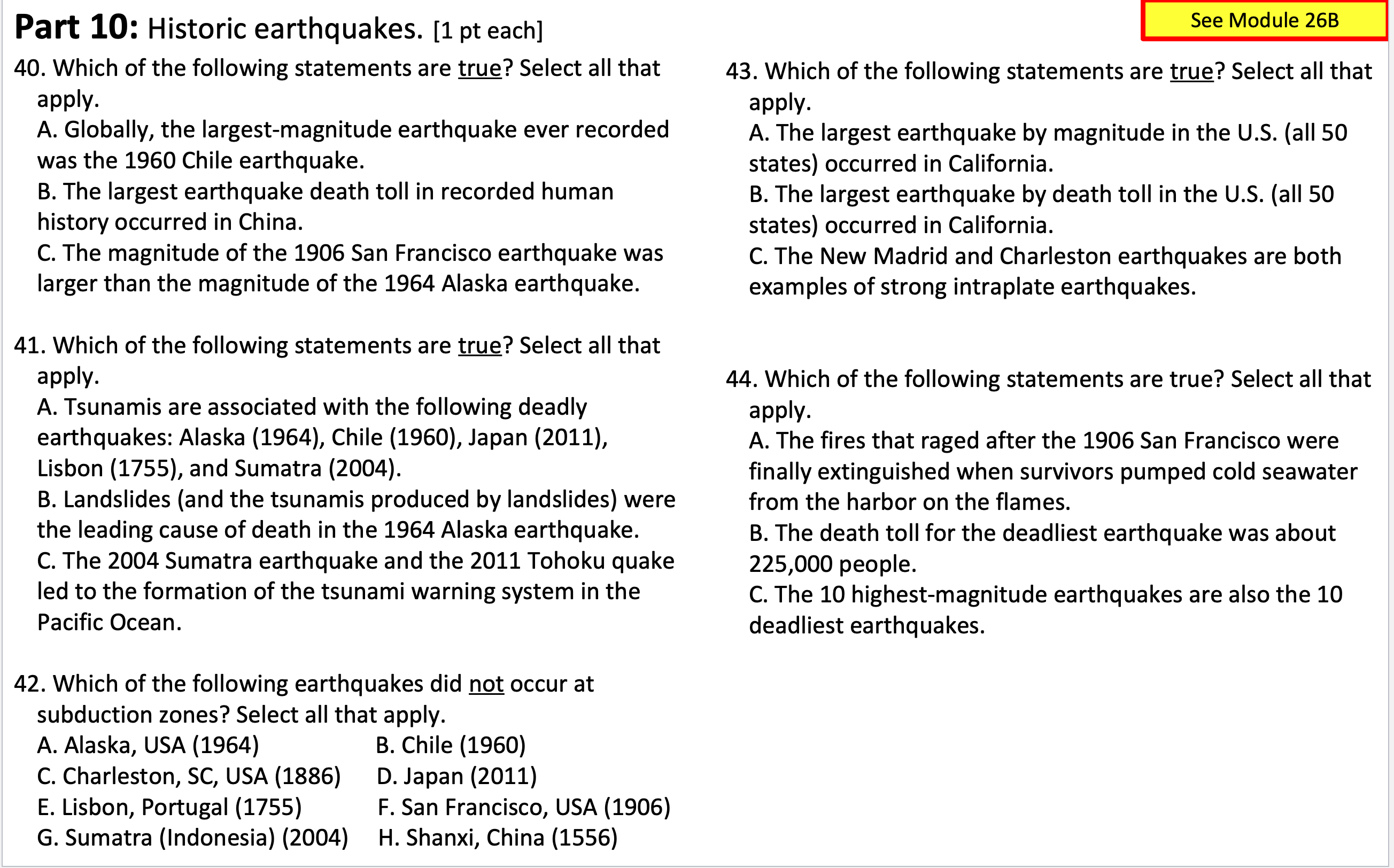 Solved Part 10: Historic earthquakes. [1 pt each] 40. Which | Chegg.com