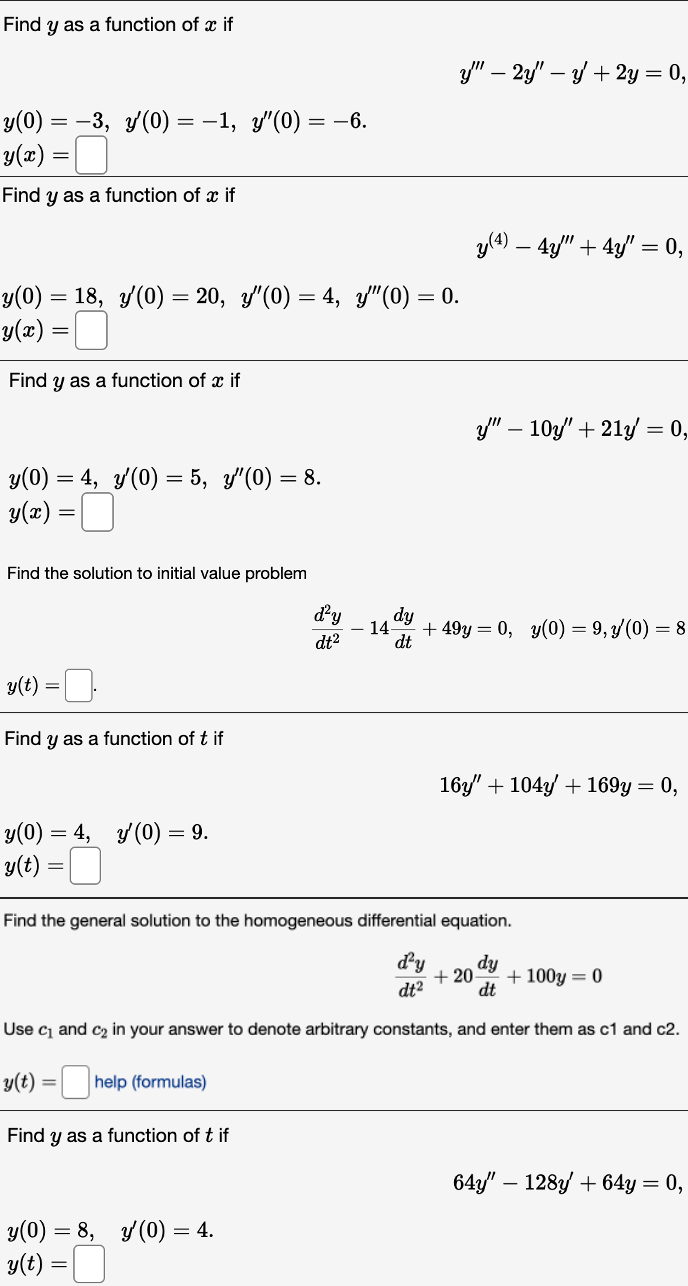 Solved Find y as a function of x if y′′′−2y′′−y′+2y=0 | Chegg.com