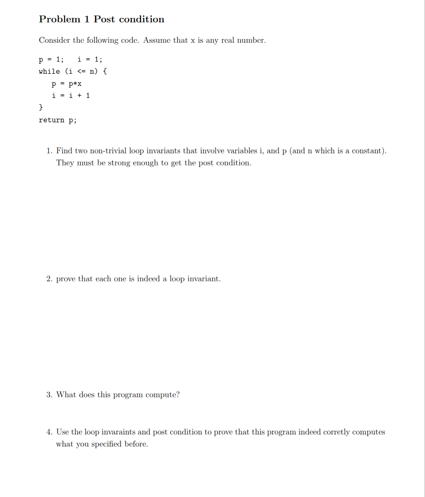 Problem 1 Post condition Consider the following code. | Chegg.com