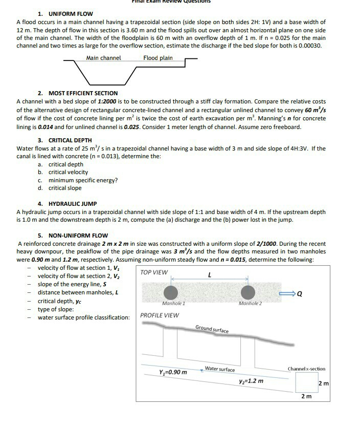 Solved 1. UNIFORM FLOW A flood occurs in a main channel | Chegg.com