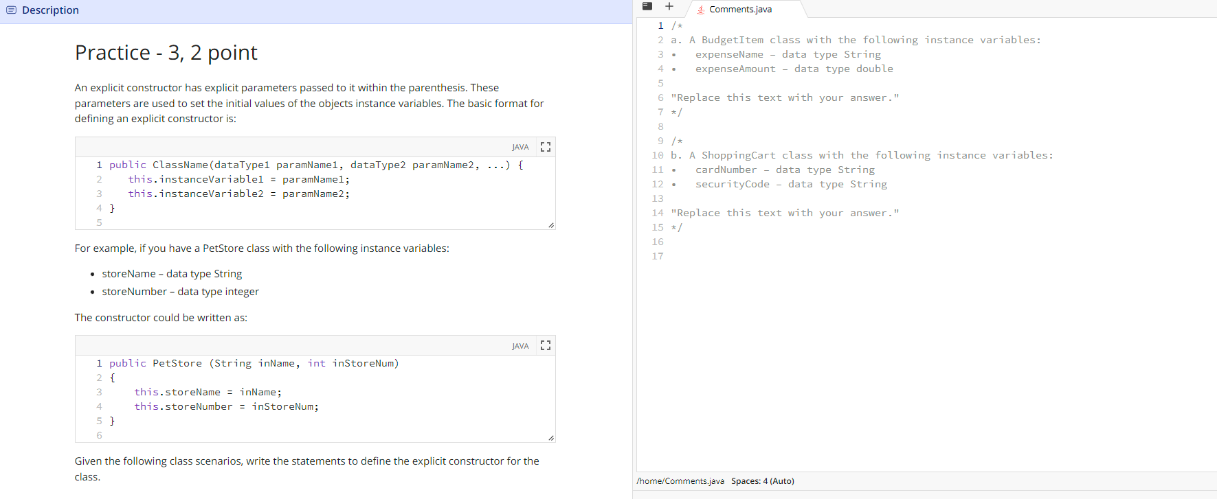 Solved Đ Description Given the following class scenarios, | Chegg.com