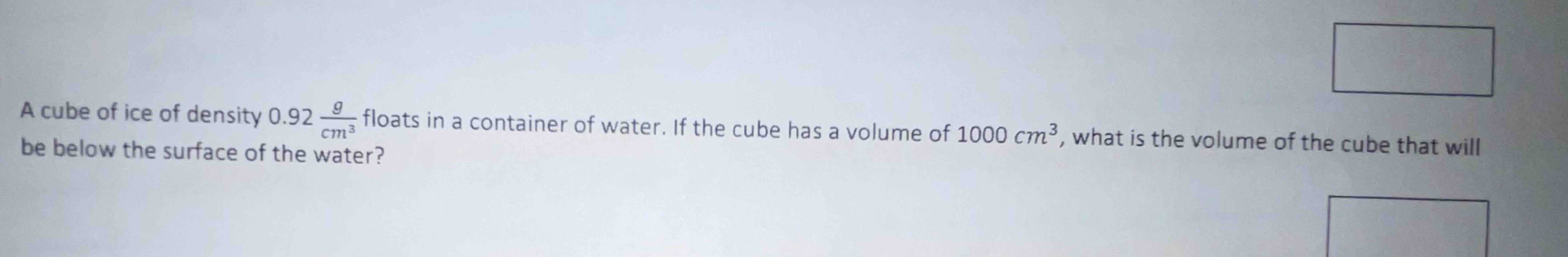 Solved A cube of ice of density 0.92gcm3 ﻿floats in a | Chegg.com