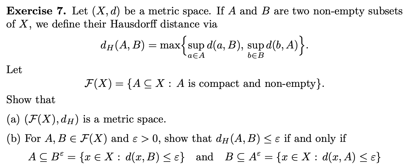 Solved Exercise 7. Let (X, d) be a metric space. If A and B | Chegg.com