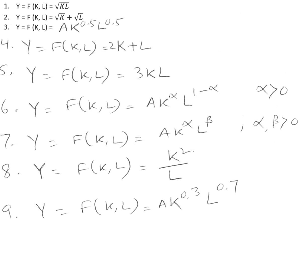 Solved 1. Y=F(K,L)=KL 2. Y=F(K,L)=K+L 3. Y=F(K,L)=AK 4. | Chegg.com