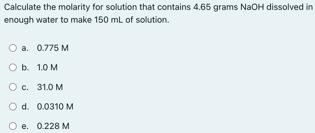 Solved Calculate the molarity for solution that contains | Chegg.com