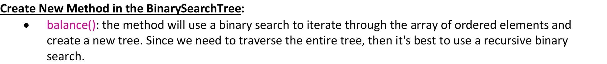 Solved Create New Method in the BinarySearchTree: balance(): | Chegg.com Solved Create New Method in the BinarySearchTree: balance(): | Chegg.com