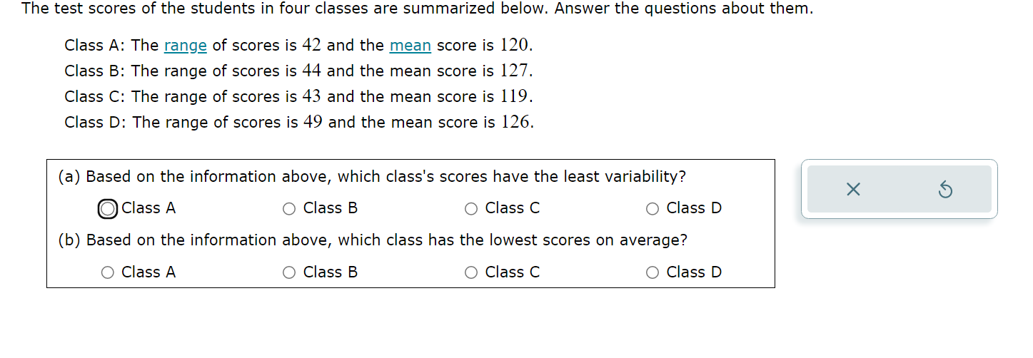 Solved The test scores of the students in four classes are | Chegg.com