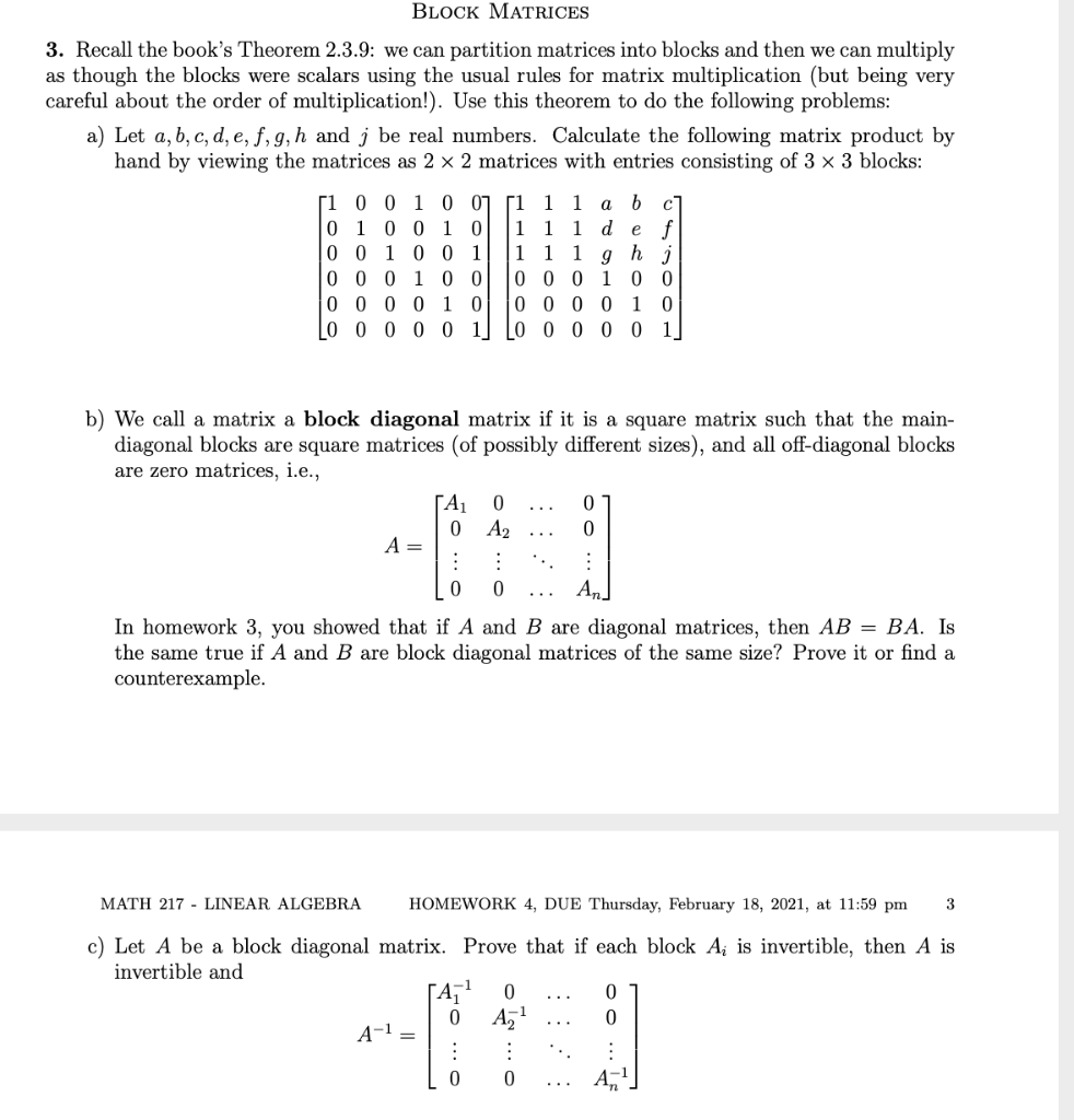 Solved BLOCK MATRICES 3. Recall the book's Theorem 2.3.9: we | Chegg.com
