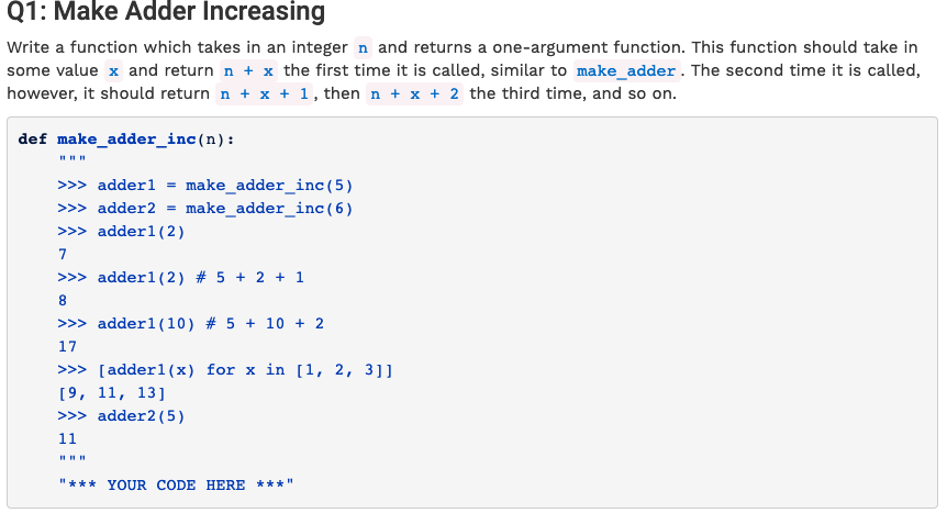 Solved Q1: Make Adder Increasing Write a function which | Chegg.com