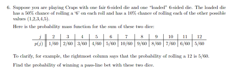 Solved 6. Suppose you are playing Craps with one fair 6 | Chegg.com