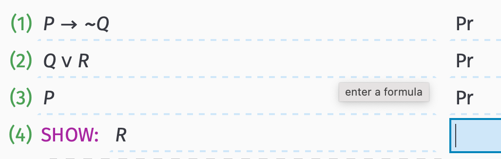 (1) P→∼Q Pr (2) Q∨R Pr (3) P enter a formula Pr (4) | Chegg.com