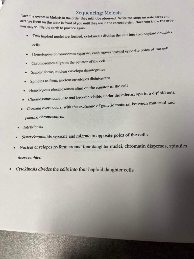 Solved Sequencing: Meiosis Place the events in Meiosis in | Chegg.com
