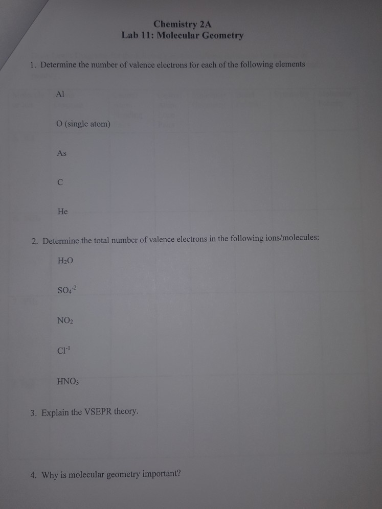 Solved Chemistry 2A Lab 11: Molecular Geometry Section | Chegg.com