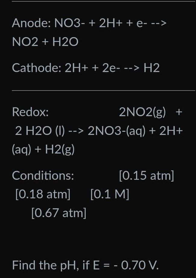 Solved Anode: NO3- + 2H+ + e- --> NO2 + H20 Cathode: 2H+ + | Chegg.com