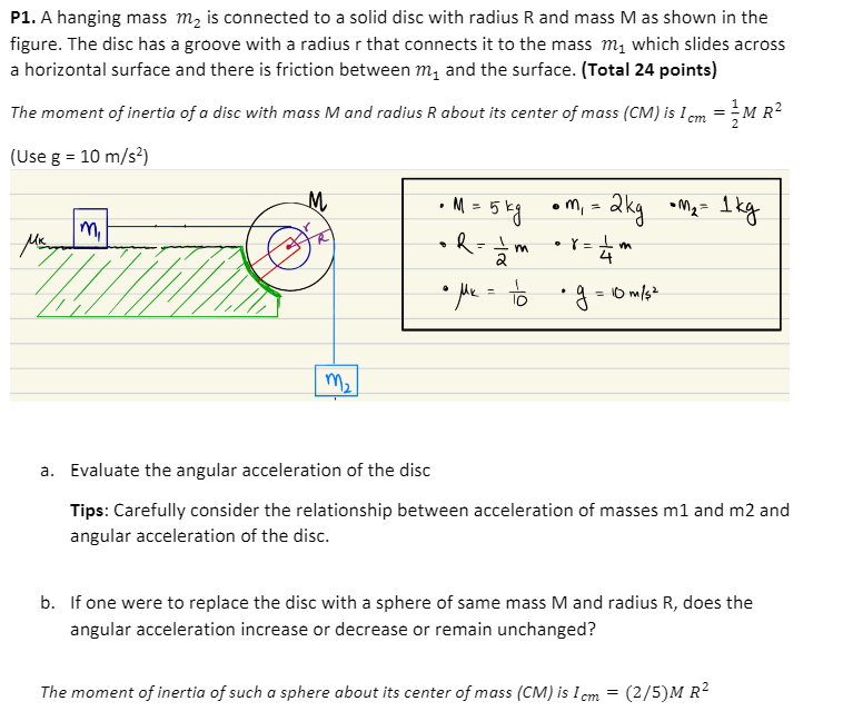 Solved P1. A hanging mass m, is connected to a solid disc | Chegg.com