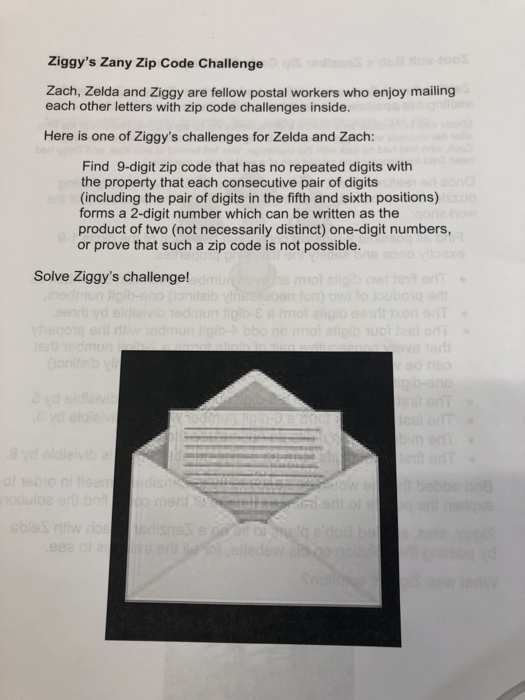 Solved Ziggy's Zany Zip Code Challenge Zach, Zelda and Ziggy | Chegg.com