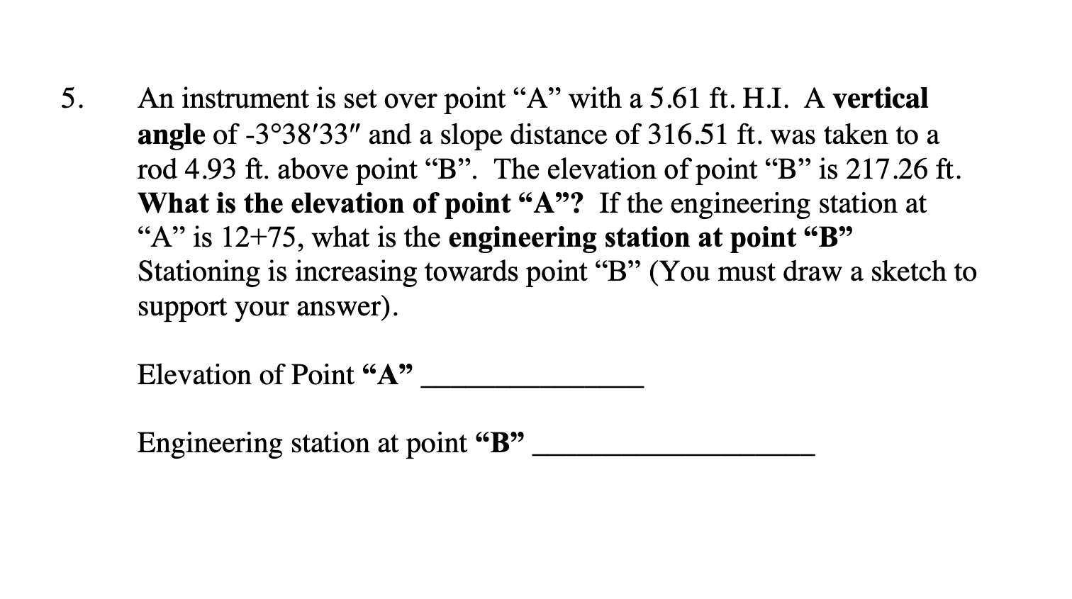 Solved 5. An instrument is set over point “A” with a 5.61 | Chegg.com