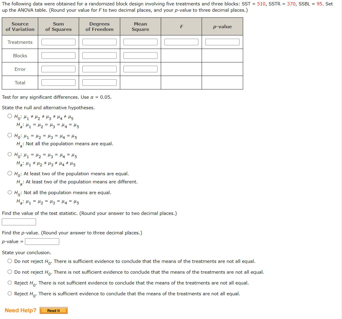 Solved The following data were obtained for a randomized | Chegg.com