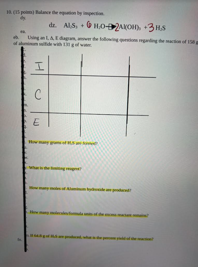 Solved ea. dz. Al2 S3+6H2O 2Al(OH)3+3H2 S eb. Using an I, , | Chegg.com