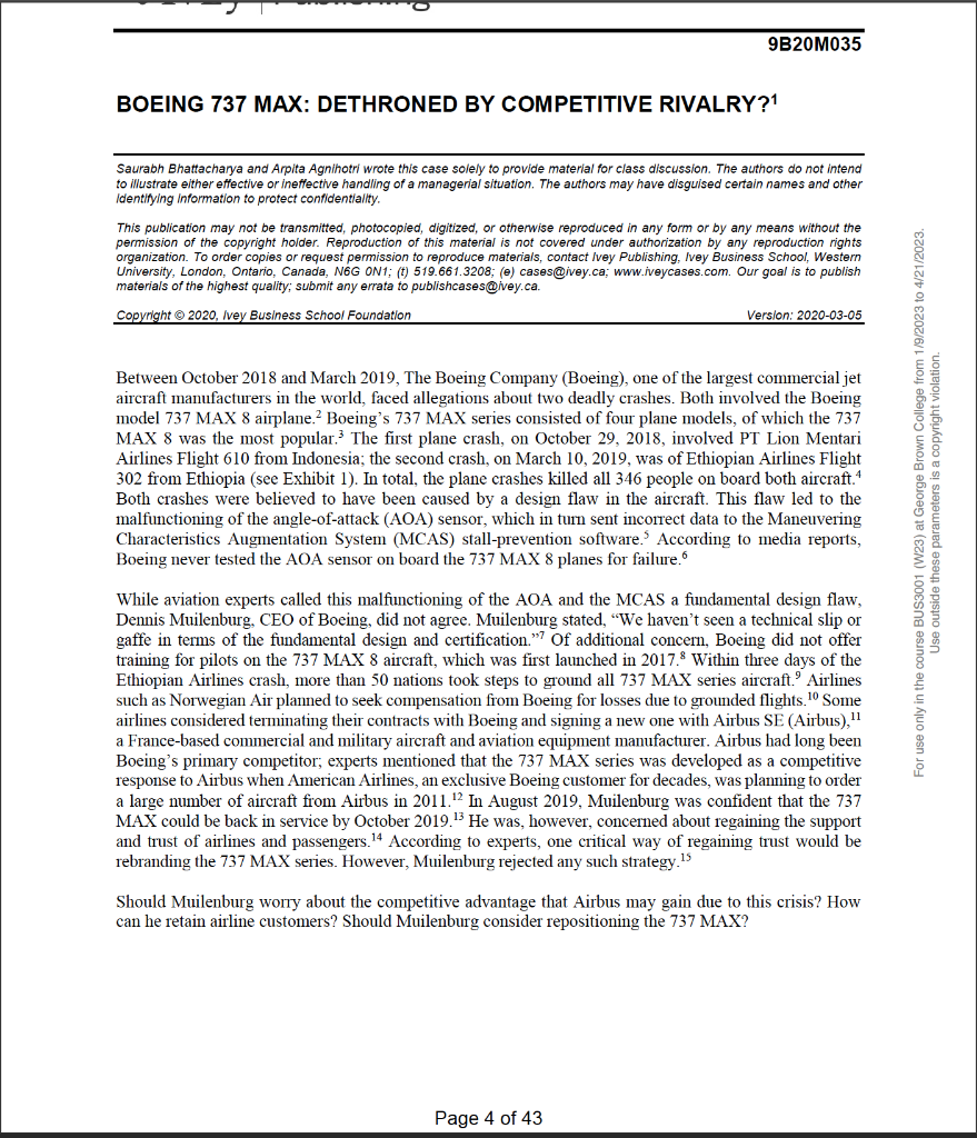 Solved BOEING 737 MAX: DETHRONED BY COMPETITIVE RIVALRY? | Chegg.com