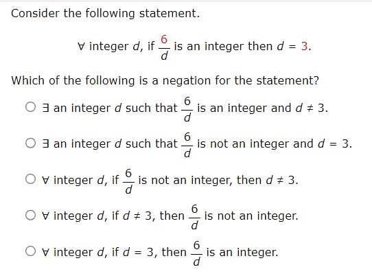 Solved Consider the following statement. ∀ integer d, if d6 | Chegg.com