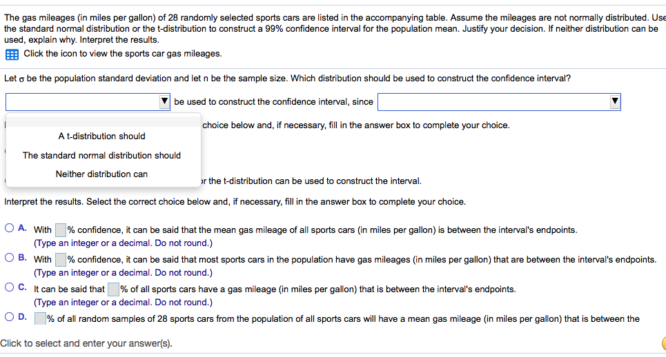 Solved The gas mileages (in miles per gallon) of 28 randomly | Chegg.com