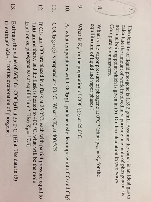 Solved The enthalpy of vaporization for COC2(g) is 24.38 | Chegg.com