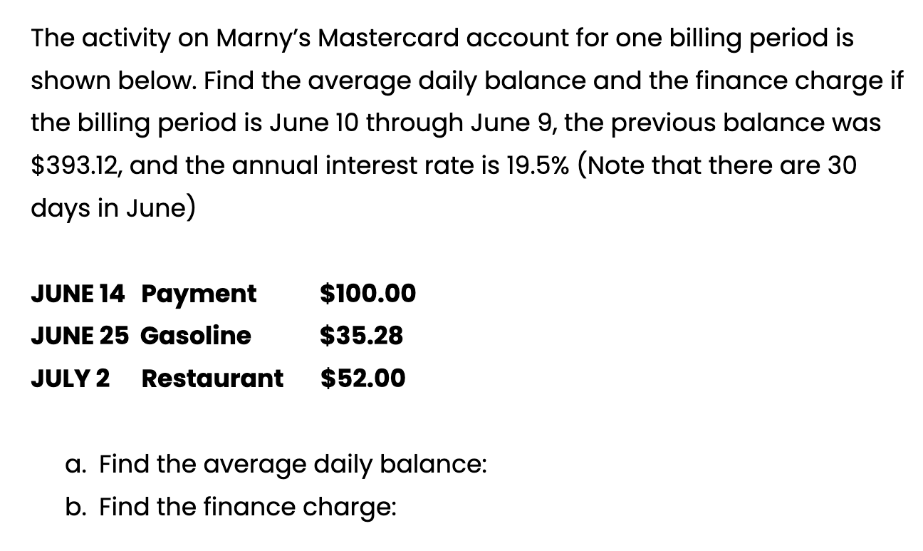 Solved The activity on Marny's Mastercard account for one | Chegg.com
