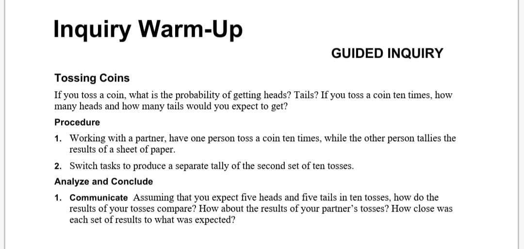 Solved Inquiry Warm-Up GUIDED INQUIRY Tossing Coins If you | Chegg.com