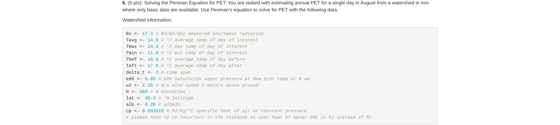 6. (8 pts): Solving the Penman Equation for PET: You | Chegg.com