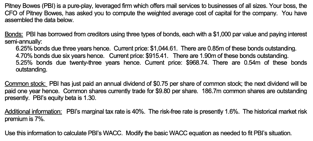 Solved Pitney Bowes (PBI) is a pure-play, leveraged firm | Chegg.com